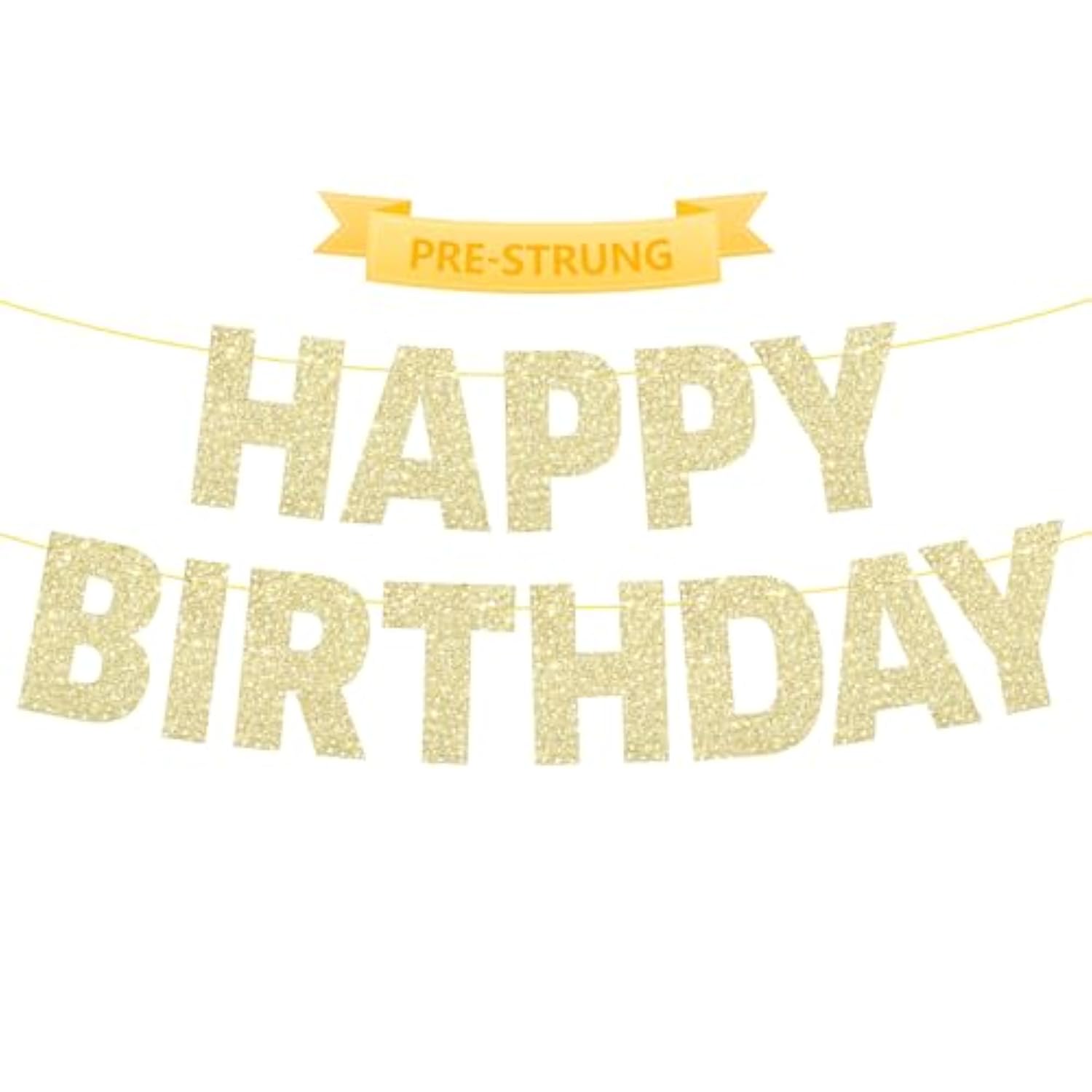 Pre-Strung Happy Birthday Banner - No Diy - Glitter Gold Birthday Party ...