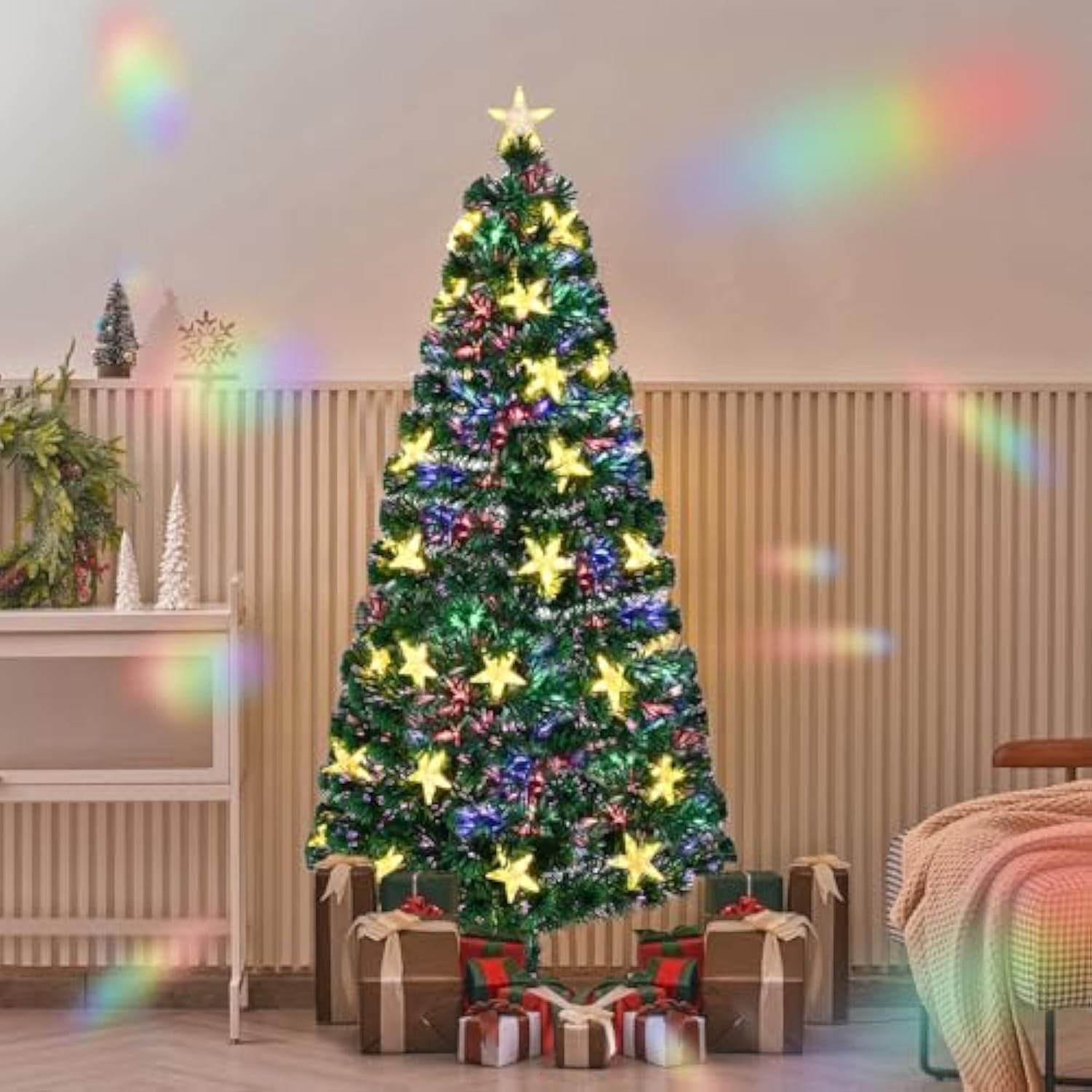 6Ft Pre-Lit Artificial Christmas Tree, Lighted Optical Fiber Xmas Trees ...