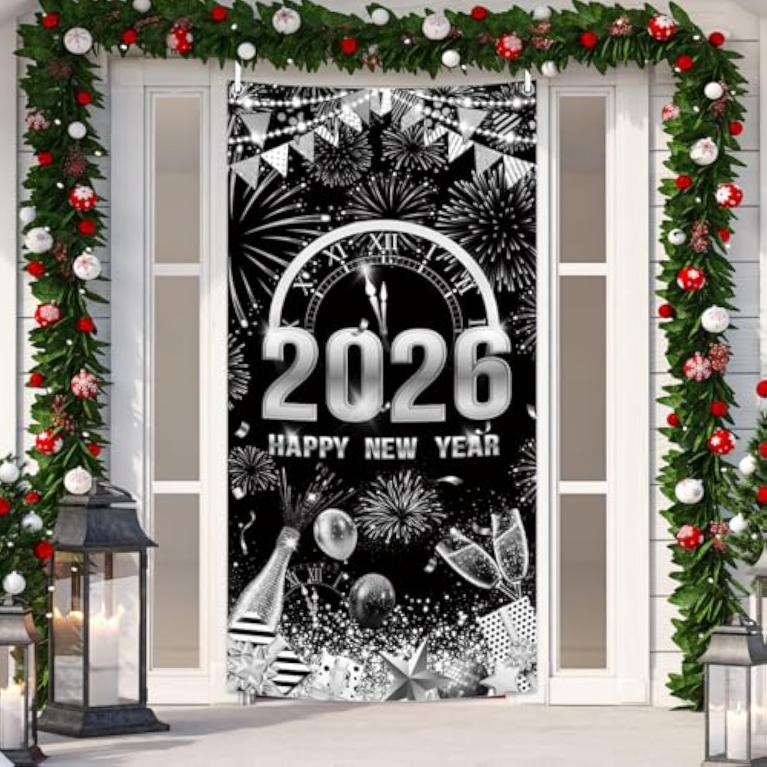 2026 Happy New Year Door Cover, Black And Silver New Year Front Door ...