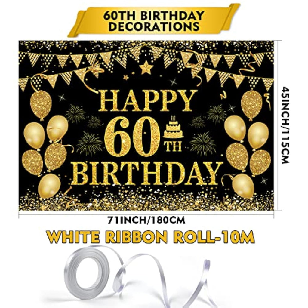 60Th Birthday Banner - Black & Gold - 71 X 45 Inch - Happy 60Th Birthd ...