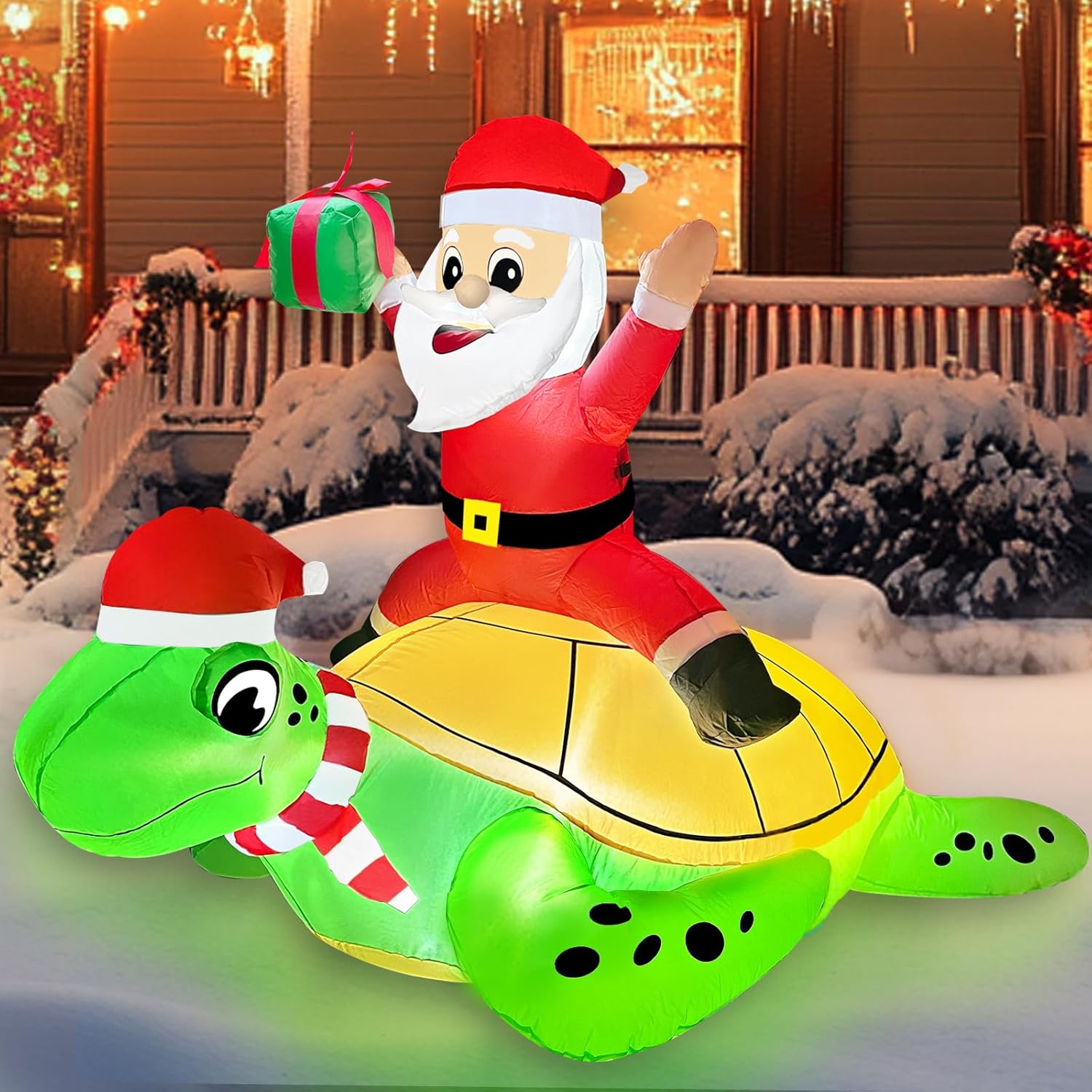 5 Ft By 4 Ft Christmas Inflatables Santa Ride On Sea Turtle With Led ...