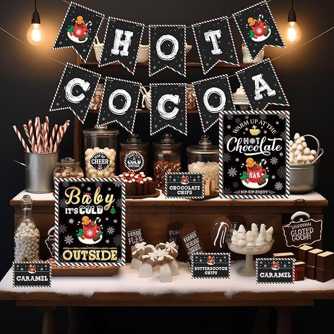 Hot Cocoa Bar Kit with Banner, Labels, Cup Tags for Winter Wonderland ...